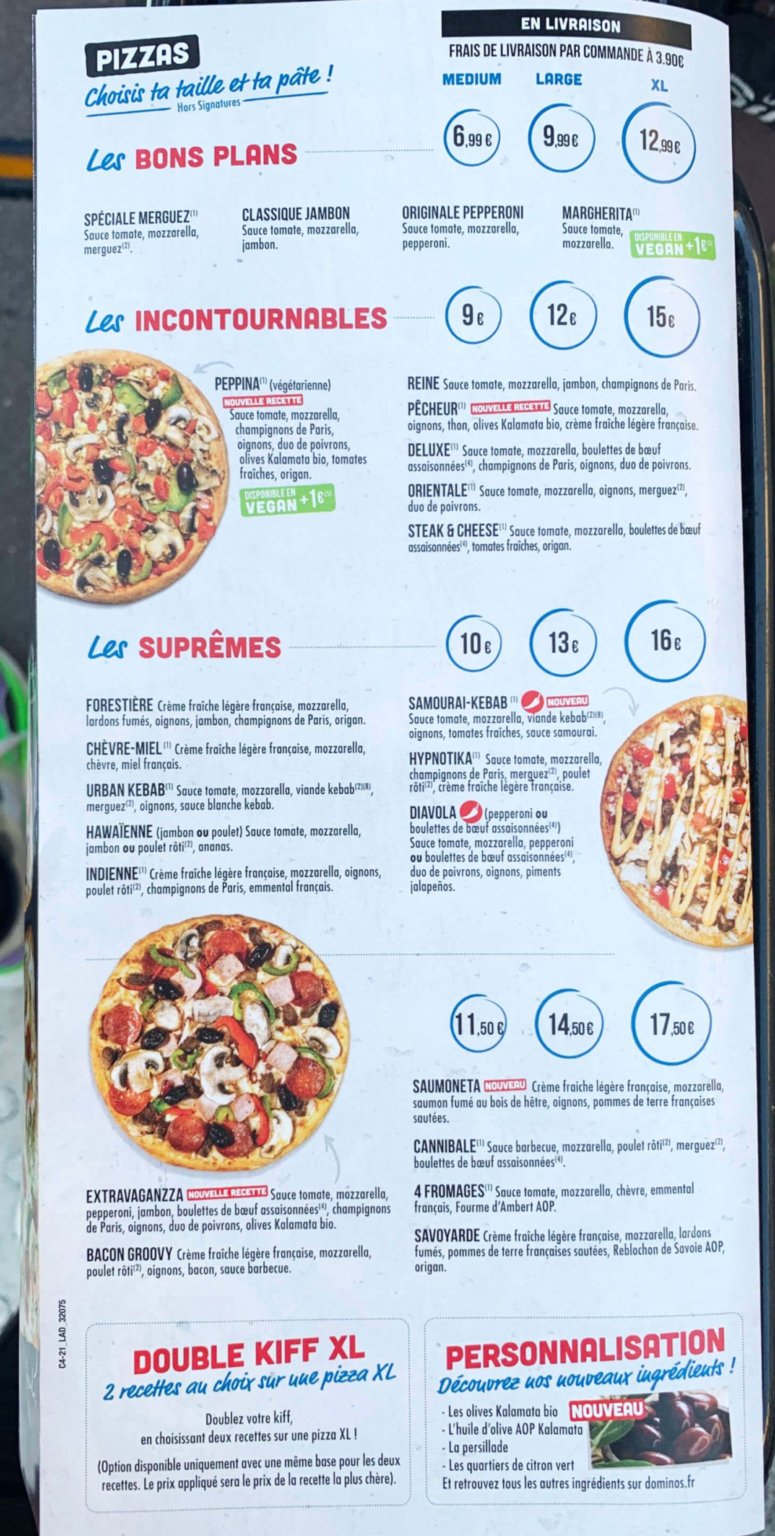 Dominos Pizzas Menu Prix France 2023