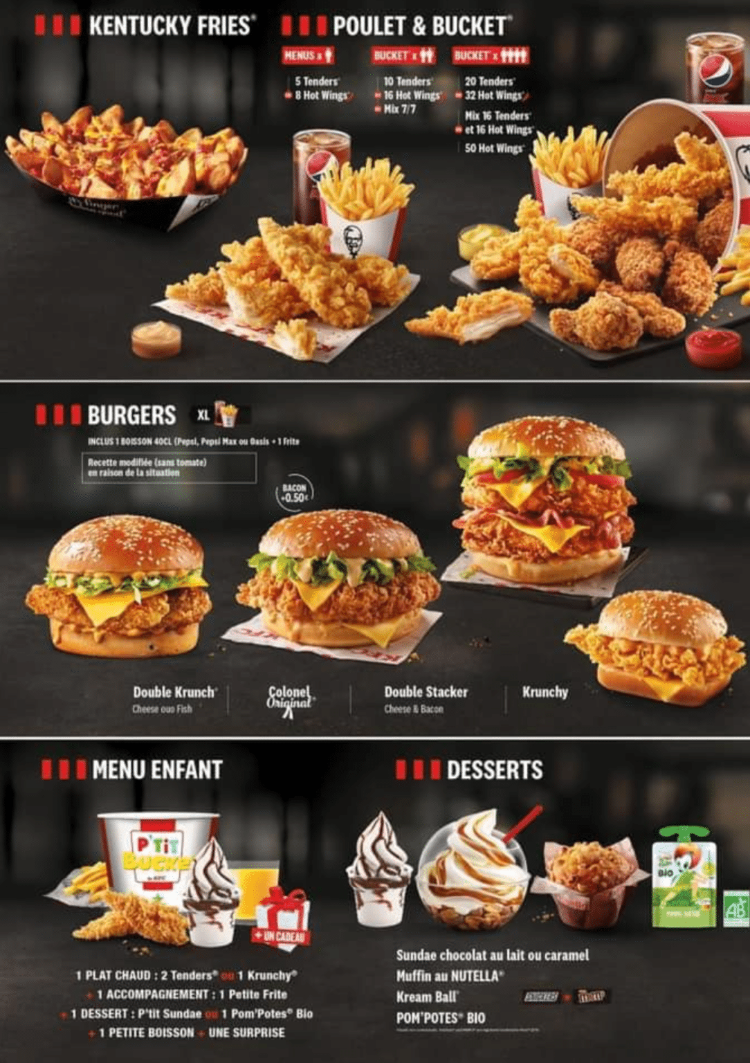 Menu KFC Prix France 2023