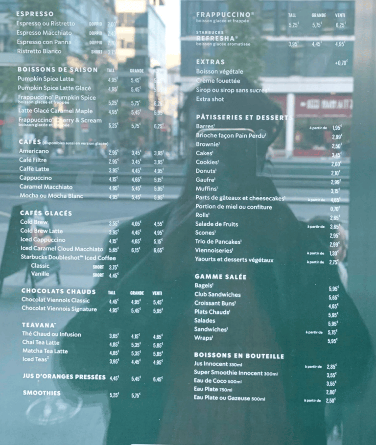 Starbucks Menu Prix France 2023